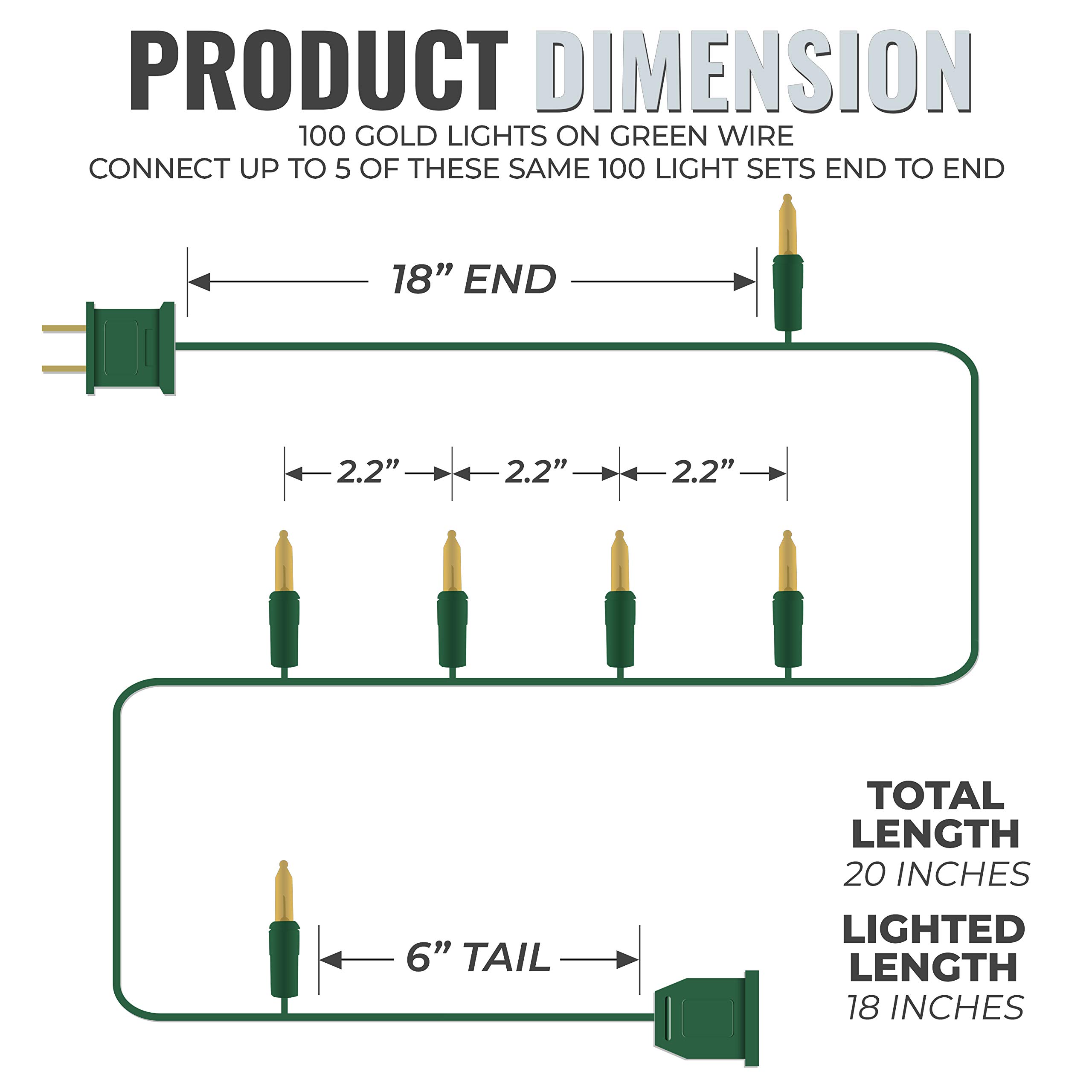 612 Vermont 100 Gold Frost Christmas Lights on a Green Wire String, UL Approved, Indoor and Outdoor Use, 18 Foot of Lighted Length, 20 Foot of Total Length