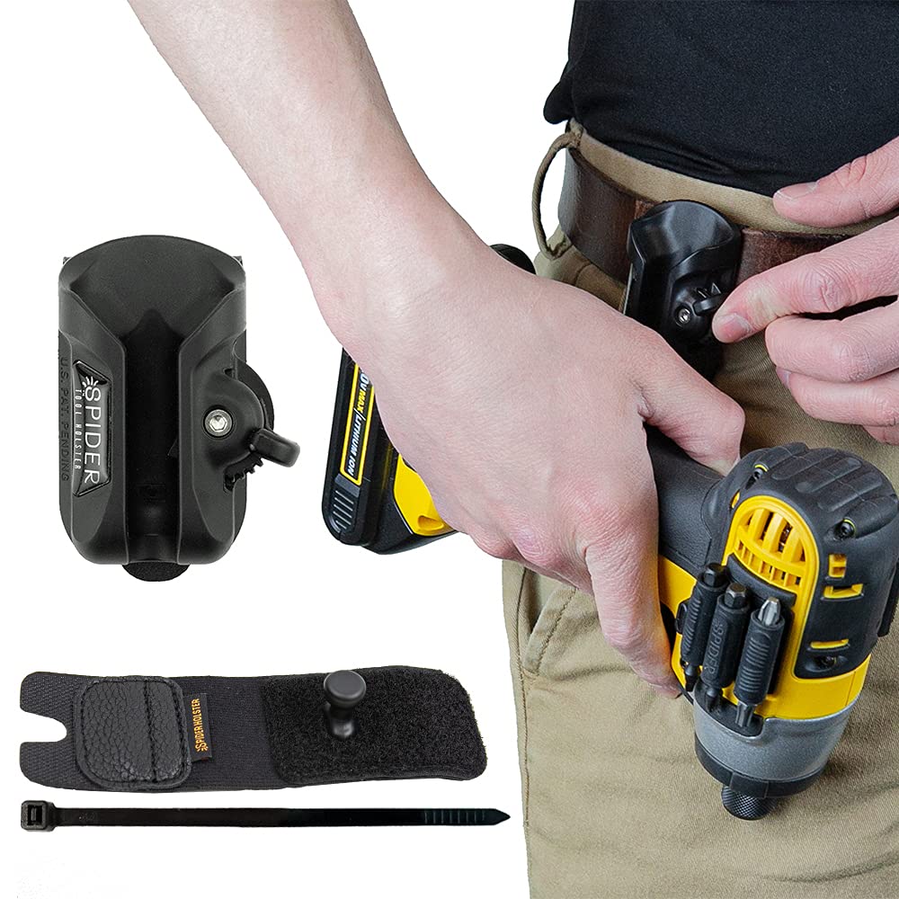 Spider Tool Holster Set - Self Locking, Quick Draw Belt Holster Clip + Elastic Tool Grip - Improve The Way You Carry Your Power Drill, Driver, Multitool, Pneumatic, Flashlight, Hammer, Saw and More! …