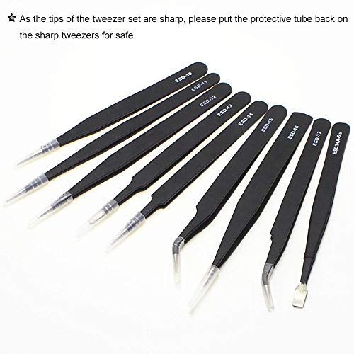 ESD Anti-Static Precision Tweezers Tools Kit Non-magnetic Stainless Steel Tweezers Set with Storage Bag by AKTOO for Electronics soldering,Phone Repair,Jewelry,Craft,Laboratory Work,9 Pcs