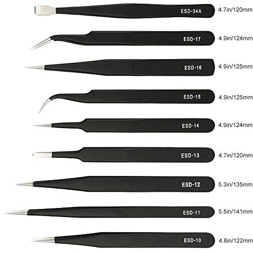 ESD Anti-Static Precision Tweezers Tools Kit Non-magnetic Stainless Steel Tweezers Set with Storage Bag by AKTOO for Electronics soldering,Phone Repair,Jewelry,Craft,Laboratory Work,9 Pcs