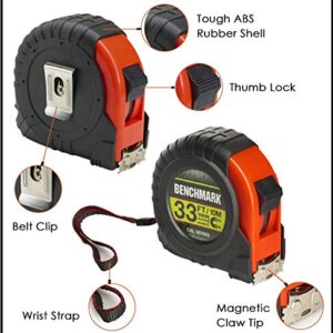 3 PACK - 33 Foot Tape Measure - Benchmark CXL Series - Measuring Tape/Tape Measures with Large Magnetic Claw Tip - Bulk Pack