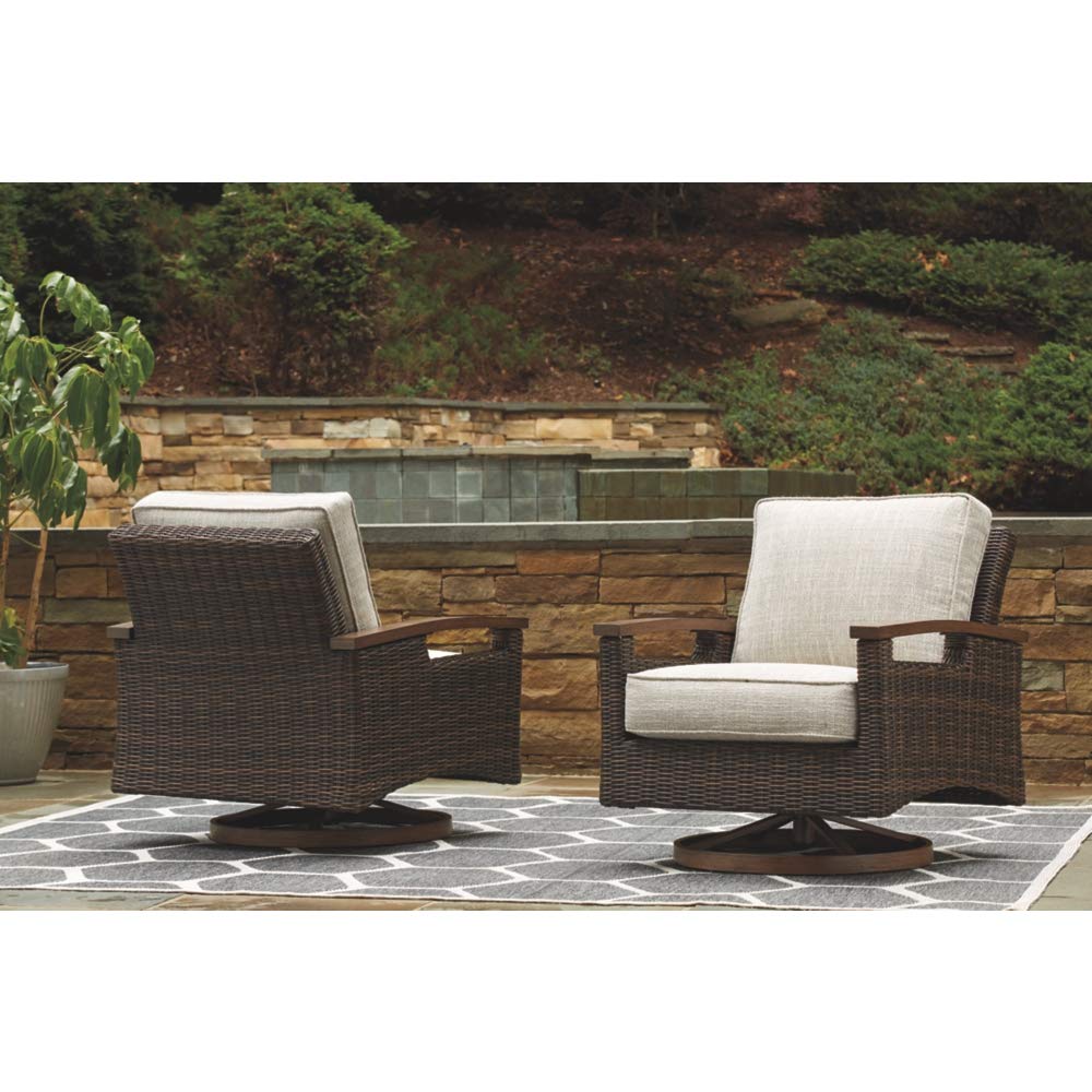 Signature Design by Ashley Paradise Trail Outdoor Swivel Upholstered Lounge Chair Set, 2 Count, Beige