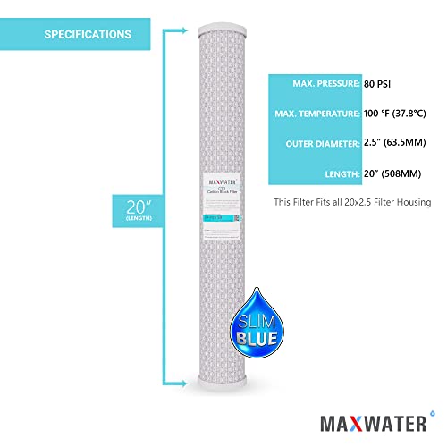 (1 Pack) CTO Filters 20" x 2.5" Slim Blue Whole House Carbon Filter (5 Micron) compatible with most 20" Slim Blue Whole House Water Filtration Systems