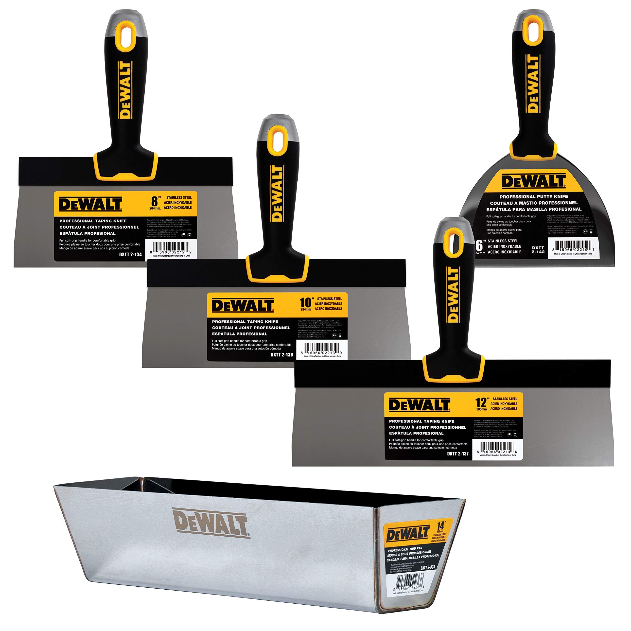 DEWALT Stainless Steel Taping Knife & Mud Pan Set + FREE BONUS 6" Soft Grip Putty Knife | 8/10/12" Blades + 14" Mud Pan | Soft Grip Handles | DXTT-3-174