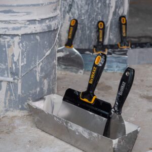 DEWALT Stainless Steel Taping Knife & Mud Pan Set + FREE BONUS 6" Soft Grip Putty Knife | 8/10/12" Blades + 14" Mud Pan | Soft Grip Handles | DXTT-3-174