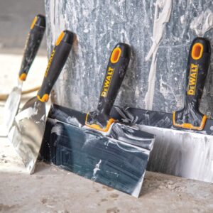 DEWALT Stainless Steel Taping Knife & Mud Pan Set + FREE BONUS 6" Soft Grip Putty Knife | 8/10/12" Blades + 14" Mud Pan | Soft Grip Handles | DXTT-3-174