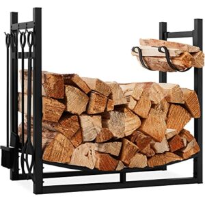 best choice products 34.25in firewood log rack & tool set steel wood storage accessory for indoor outdoor fire pit, fireplace w/kindling holder, shovel, poker, tongs, brush