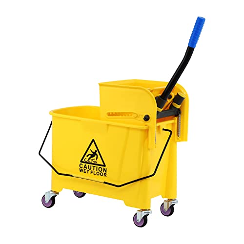 TryE Industrial Mop and Bucket with Wringer Set 5 Gallon 21Qt Plastic Combo Bucket with Wringer on Wheels for Home and Commercial Cleaning Yellow