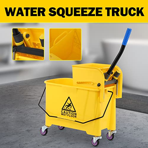 TryE Industrial Mop and Bucket with Wringer Set 5 Gallon 21Qt Plastic Combo Bucket with Wringer on Wheels for Home and Commercial Cleaning Yellow