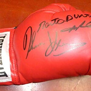 SALE!! Boxing Greats Autographed Red Everlast Boxing Glove With 3 Signatures Including Sugar Ray Leonard, Thomas Hearns & Roberto Duran RH PSA/DNA Stock #112575 - Autographed Boxing Gloves