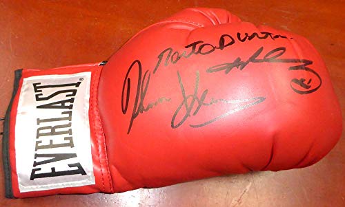 SALE!! Boxing Greats Autographed Red Everlast Boxing Glove With 3 Signatures Including Sugar Ray Leonard, Thomas Hearns & Roberto Duran RH PSA/DNA Stock #112575 - Autographed Boxing Gloves