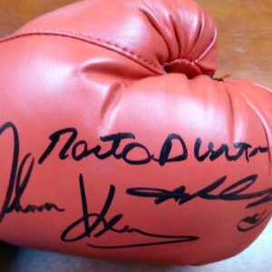 SALE!! Boxing Greats Autographed Red Everlast Boxing Glove With 3 Signatures Including Sugar Ray Leonard, Thomas Hearns & Roberto Duran RH PSA/DNA Stock #112575 - Autographed Boxing Gloves