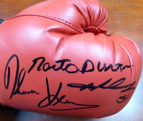 SALE!! Boxing Greats Autographed Red Everlast Boxing Glove With 3 Signatures Including Sugar Ray Leonard, Thomas Hearns & Roberto Duran RH PSA/DNA Stock #112575 - Autographed Boxing Gloves