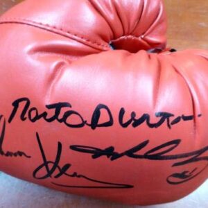 SALE!! Boxing Greats Autographed Red Everlast Boxing Glove With 3 Signatures Including Sugar Ray Leonard, Thomas Hearns & Roberto Duran RH PSA/DNA Stock #112575 - Autographed Boxing Gloves