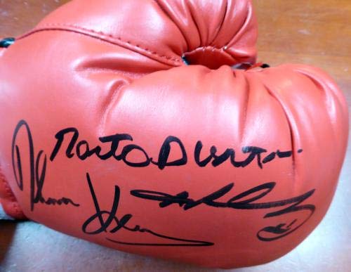 SALE!! Boxing Greats Autographed Red Everlast Boxing Glove With 3 Signatures Including Sugar Ray Leonard, Thomas Hearns & Roberto Duran RH PSA/DNA Stock #112575 - Autographed Boxing Gloves