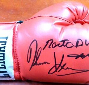 SALE!! Boxing Greats Autographed Red Everlast Boxing Glove With 3 Signatures Including Sugar Ray Leonard, Thomas Hearns & Roberto Duran RH PSA/DNA Stock #112575 - Autographed Boxing Gloves