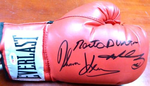 SALE!! Boxing Greats Autographed Red Everlast Boxing Glove With 3 Signatures Including Sugar Ray Leonard, Thomas Hearns & Roberto Duran RH PSA/DNA Stock #112575 - Autographed Boxing Gloves