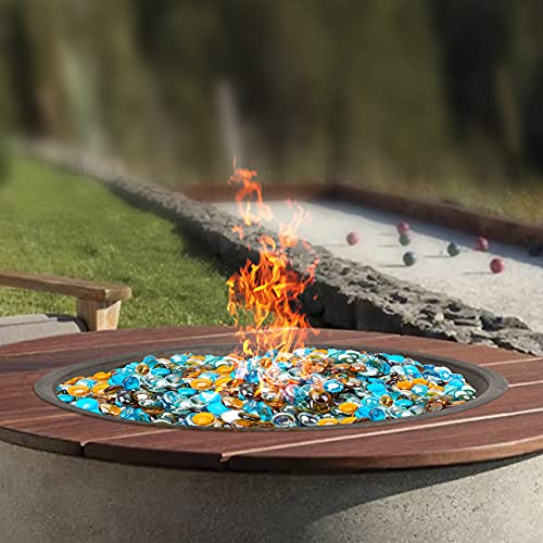 Skyflame 10-Pound Blended Fire Glass Beads for Fire Pit Fireplace Landscaping, 1/2-Inch High Luster Caribbean Blue, Crystal Ice, Caramel