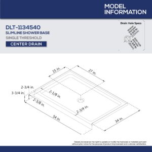 DreamLine SlimLine 34 in. D x 54 in. W x 2 3/4 in. H Center Drain Single Threshold Shower Base in White, DLT-1134540