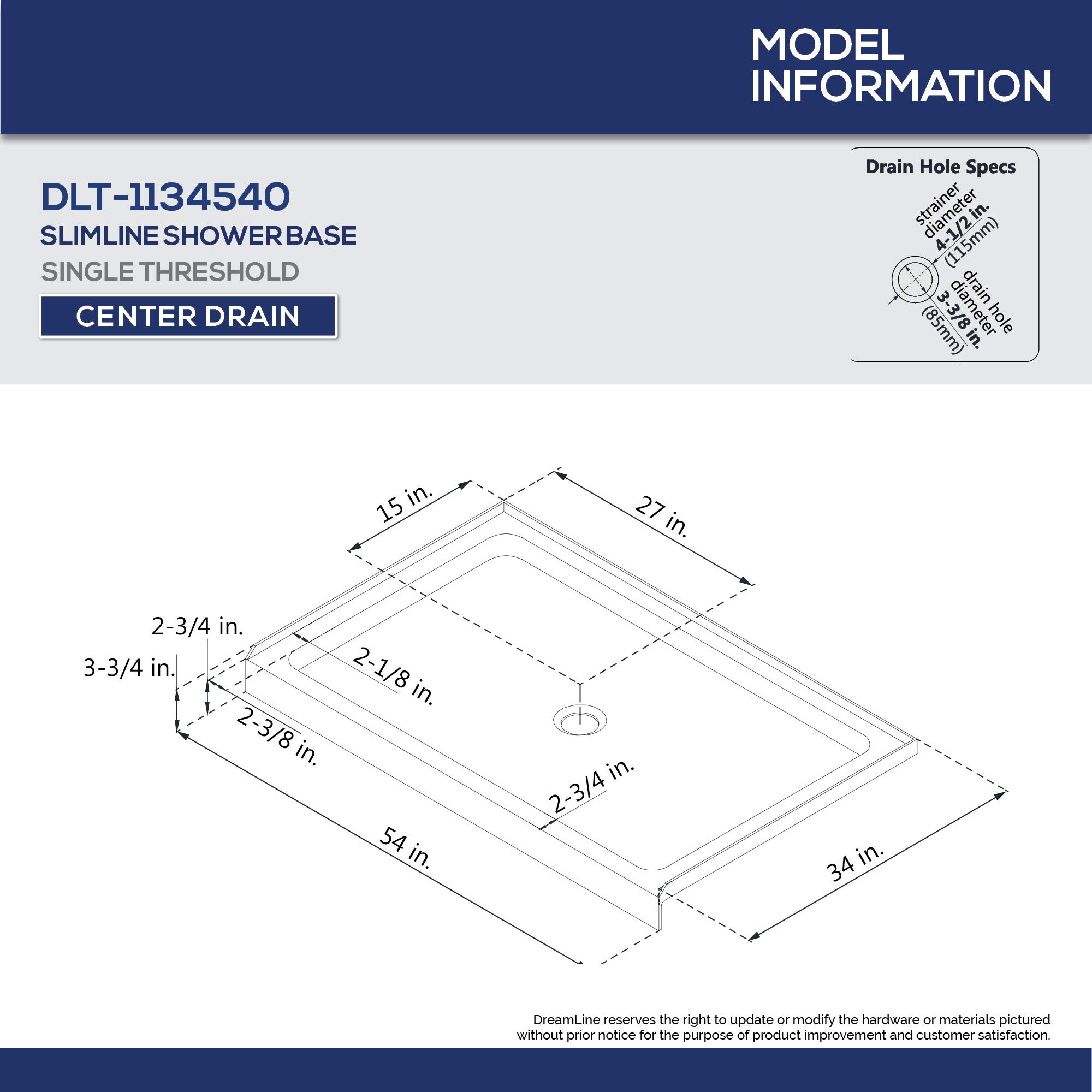 DreamLine SlimLine 34 in. D x 54 in. W x 2 3/4 in. H Center Drain Single Threshold Shower Base in White, DLT-1134540