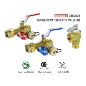 HYDRO MASTER Tankless Water Heater Service Valve Kit with Pressure Relief Valve 3/4-Inch IPS Isolator Clean Brass