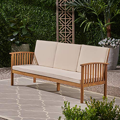 Christopher Knight Home Breenda Outdoor Acacia Wood Sofa with Cushions, Teak Finish, Cream