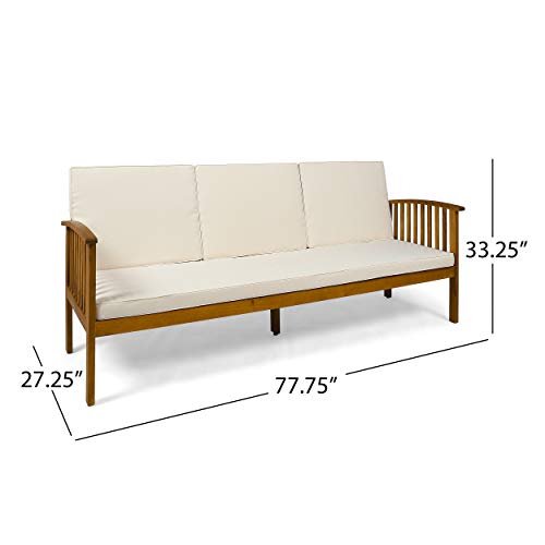 Christopher Knight Home Breenda Outdoor Acacia Wood Sofa with Cushions, Teak Finish, Cream