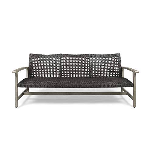 Great Deal Furniture Marcia Outdoor Wood and Wicker Sofa, Light Gray Finish with Mix Black Wicker