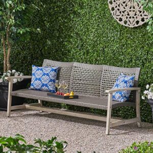 Great Deal Furniture Marcia Outdoor Wood and Wicker Sofa, Light Gray Finish with Mix Black Wicker