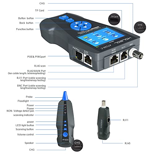 Network Cable Tester, AT278 TDR Multi-Functional LCD Wire Tracker for RJ45, RJ11, BNC, Metal Cable,PING/POE NF-8601S for Length Testing