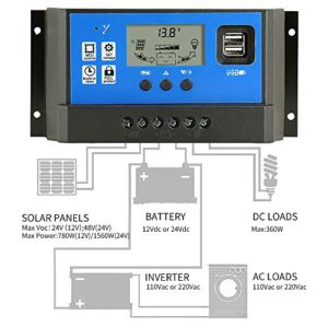 60A Solar Charge Controller,Intelligent USB Port Display 12V/24V Auto Charge Regulator