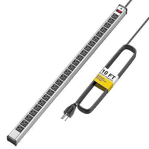 Long Power Strip 24-Outlet ETL Certified Heavy Duty Metal Power Strip 10 ft Extension Cord with Multiple Outlets Garage Workshop Commercial Industrial Power Strip