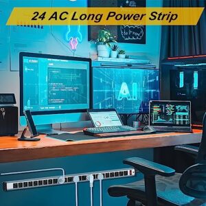 Long Power Strip 24-Outlet ETL Certified Heavy Duty Metal Power Strip 10 ft Extension Cord with Multiple Outlets Garage Workshop Commercial Industrial Power Strip