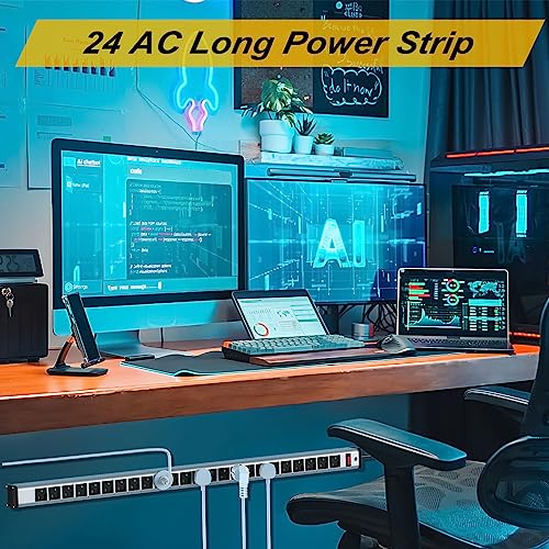 Long Power Strip 24-Outlet ETL Certified Heavy Duty Metal Power Strip 10 ft Extension Cord with Multiple Outlets Garage Workshop Commercial Industrial Power Strip