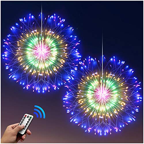 DenicMic Firework Lights Starburst Lights 200 LED Copper Wire Battery Operated Hanging Sphere Lights with Remote, 8 Modes Stars Fairy Ceiling Decorations for Patio Party Wedding Christmas (2 Pack)