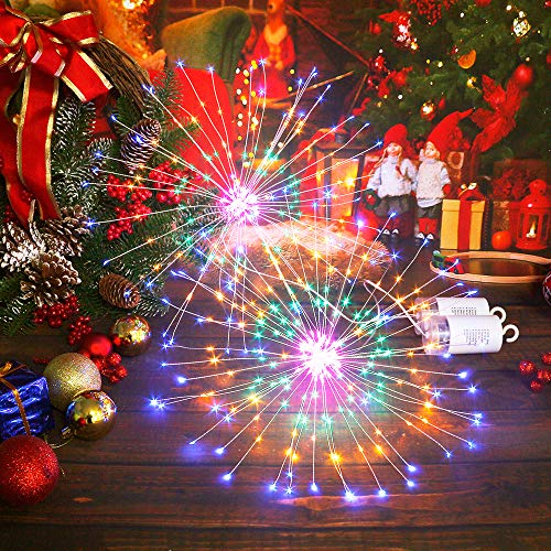 DenicMic Firework Lights Starburst Lights 200 LED Copper Wire Battery Operated Hanging Sphere Lights with Remote, 8 Modes Stars Fairy Ceiling Decorations for Patio Party Wedding Christmas (2 Pack)