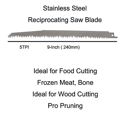 9" Stainless Steel Reciprocating Saw Blades for Food Cutting - 5TPI Big Teeth Stainless Steel Reciprocating Saw Blades Multi Cutting for Frozen Meat, Beef, Turkey, Bone, Wood, Pruning (5 Pack)