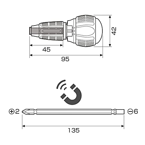 ANEX Ratcheting Screwdriver Ball Handle, Japanese Heavy Duty Magnetic Bit Set (Phillips+2, Flat Head-6), Quick Ball Grip 72 Gear Ratchet Screwdriver, Made in JAPAN