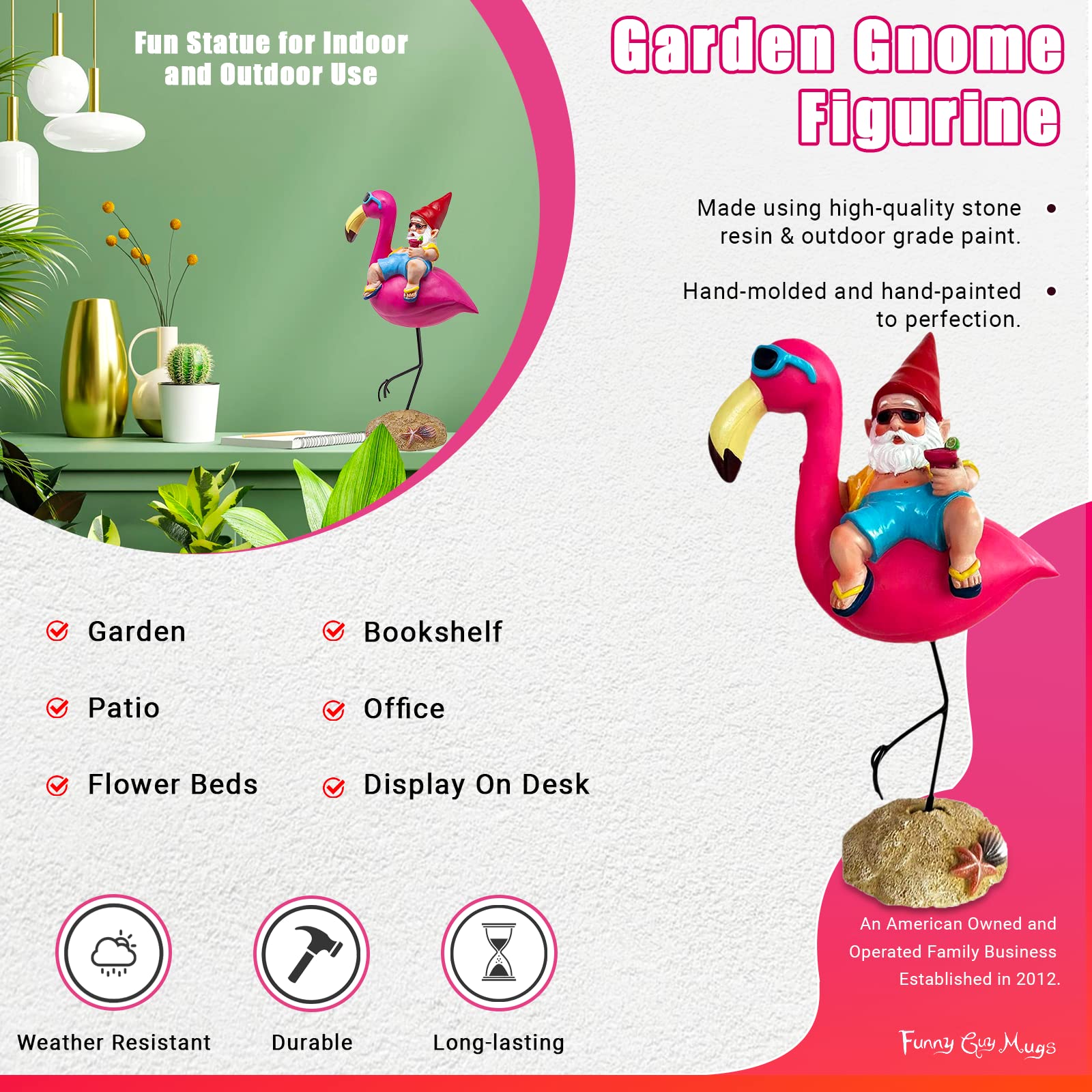 Funny Guy Mugs Garden Gnome Statue - Gnome and A Flamingo - Indoor/Outdoor Garden Gnome Sculpture for Patio, Yard or Lawn