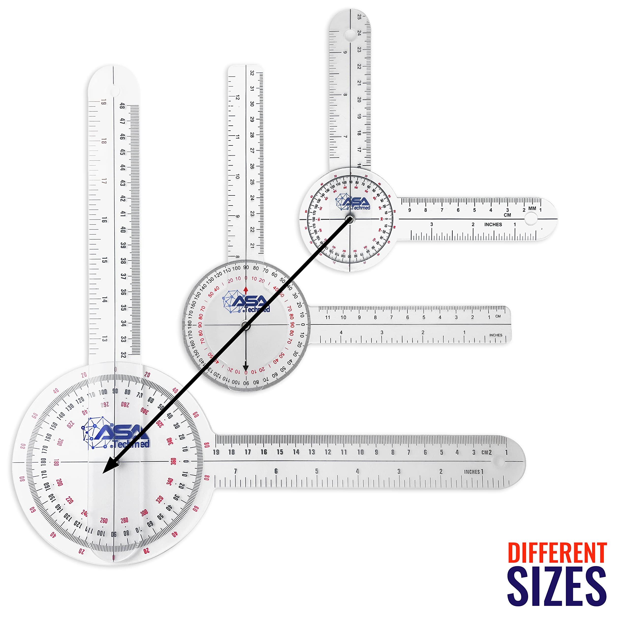 ASA TECHMED 6 Pcs 360° 12, 8 and 6 Inch Medical Spinal Goniometer Angle Protractor Angle Ruler