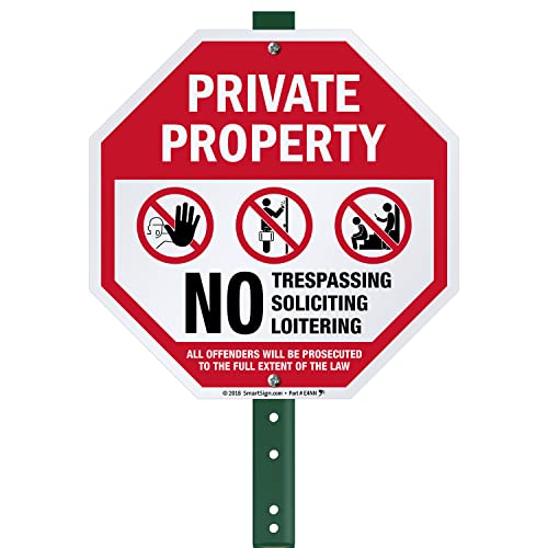 SmartSign 10 x 10 inch “Private Property - No Trespassing, No Soliciting, Offenders Prosecuted” Octagon Yard Sign with 3 foot Stake, 40 mil Laminated Rustproof Aluminum, Red, Black and White, Set of 1