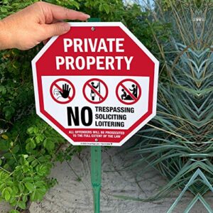 SmartSign 10 x 10 inch “Private Property - No Trespassing, No Soliciting, Offenders Prosecuted” Octagon Yard Sign with 3 foot Stake, 40 mil Laminated Rustproof Aluminum, Red, Black and White, Set of 1