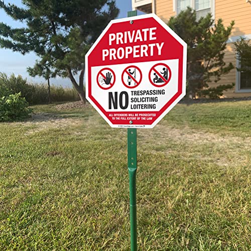 SmartSign 10 x 10 inch “Private Property - No Trespassing, No Soliciting, Offenders Prosecuted” Octagon Yard Sign with 3 foot Stake, 40 mil Laminated Rustproof Aluminum, Red, Black and White, Set of 1