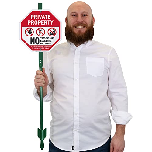 SmartSign 10 x 10 inch “Private Property - No Trespassing, No Soliciting, Offenders Prosecuted” Octagon Yard Sign with 3 foot Stake, 40 mil Laminated Rustproof Aluminum, Red, Black and White, Set of 1