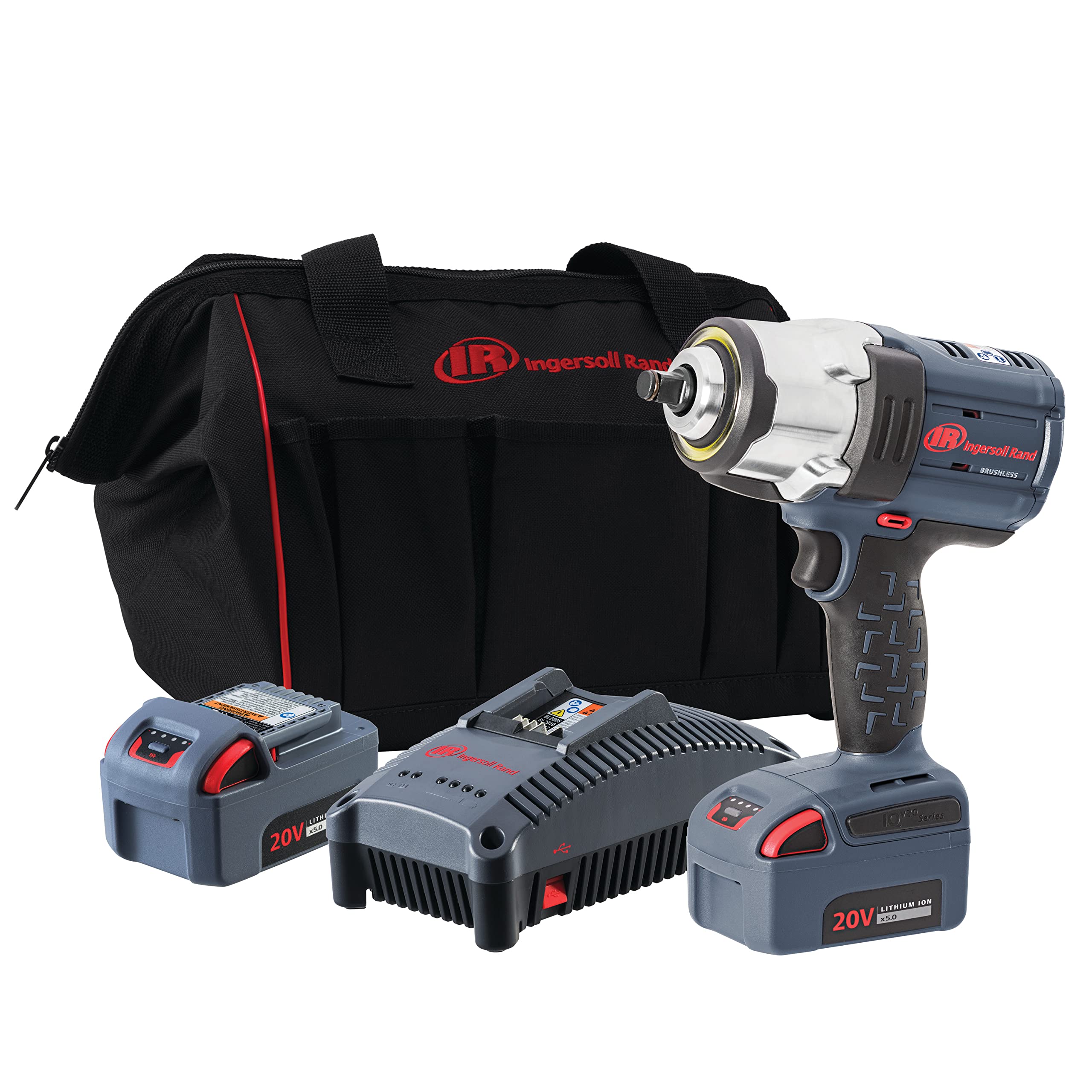 Ingersoll Rand W7152-K22 20V 1/2" Drive Cordless Impact Wrench 2 Battery Kit - High Torque, IQv Power Control w/4 Modes, Brushless Motor, LED Light Ring, Gray