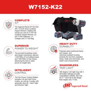 Ingersoll Rand W7152-K22 20V 1/2" Drive Cordless Impact Wrench 2 Battery Kit - High Torque, IQv Power Control w/4 Modes, Brushless Motor, LED Light Ring, Gray