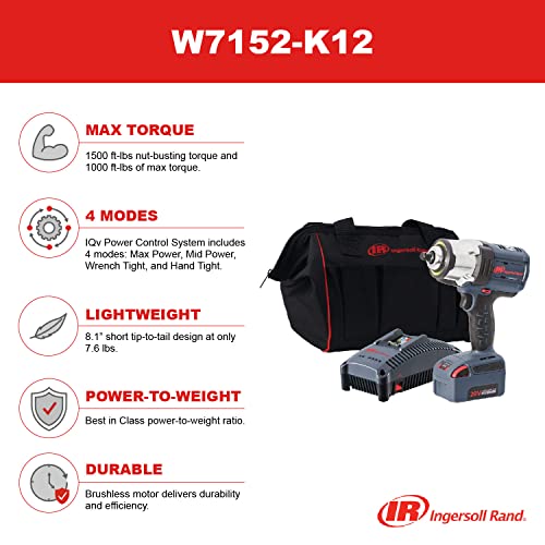 Ingersoll Rand W7152-K12 1/2" Cordless Impact Wrench and 1 Battery Kit, 4 Power Modes, Brushless Motor, 1500 ft/lbs Nut Busting Torque, 1000 ft/lbs Max Torque, Lightweight, Gray