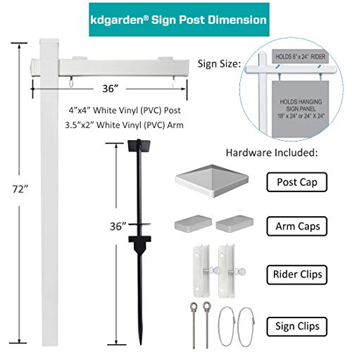 Kdgarden Vinyl PVC Real Estate Sign Post 6ft. Tall (4"x 4"x 72") Realtor Yard Sign Post for Open House and Home for Sale, 36" Arm Holds Up to 24" Sign, White with Flat Cap(No Sign)