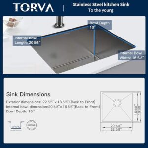 Bar Sink, TORVA 22.5 inch Undermount 16 Gauge Single Bowl Stainless Steel Kitchen Sink, Bar or Prep Sink