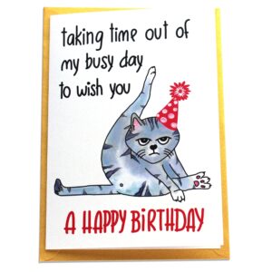 taking time out of my busy day to wish you a happy purr-fect birthday handmade card from grumpy cat, funny bday gift for cat mom, cat dad or cat lover